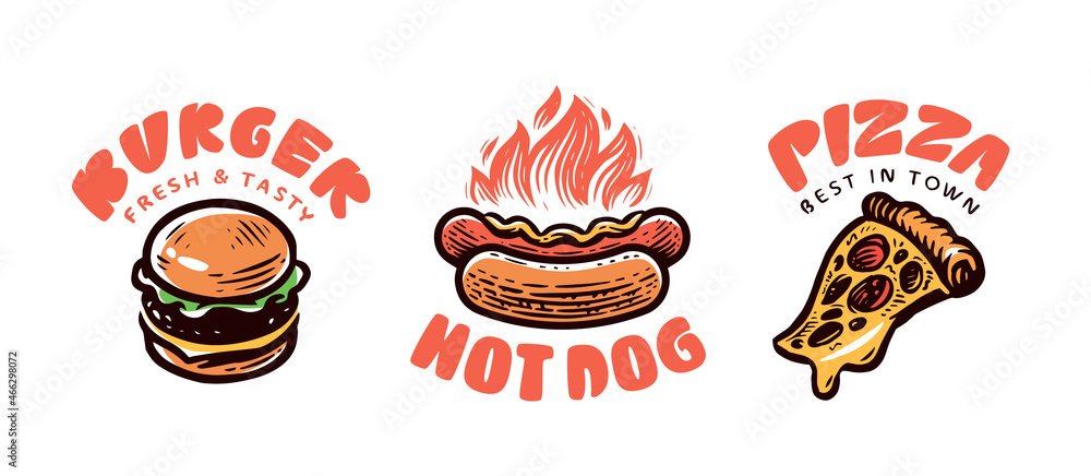 Fast food logos set. Burger, pizza, hot dog emblems for restaurant ...