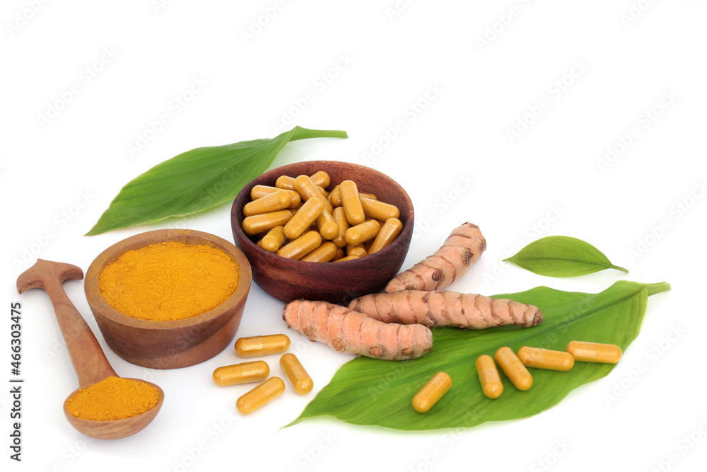 Turmeric root health food with powder, leaves and dietary supplement ...