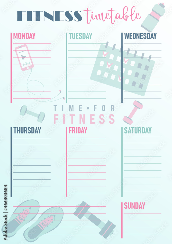 Vertical Fitness weekly timetable. Daily schedule template with shoes ...
