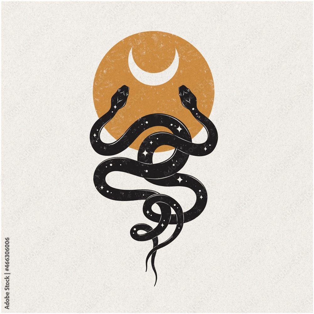Serpent and moon vintage paper hand drawn illustration spiritual mystic ...