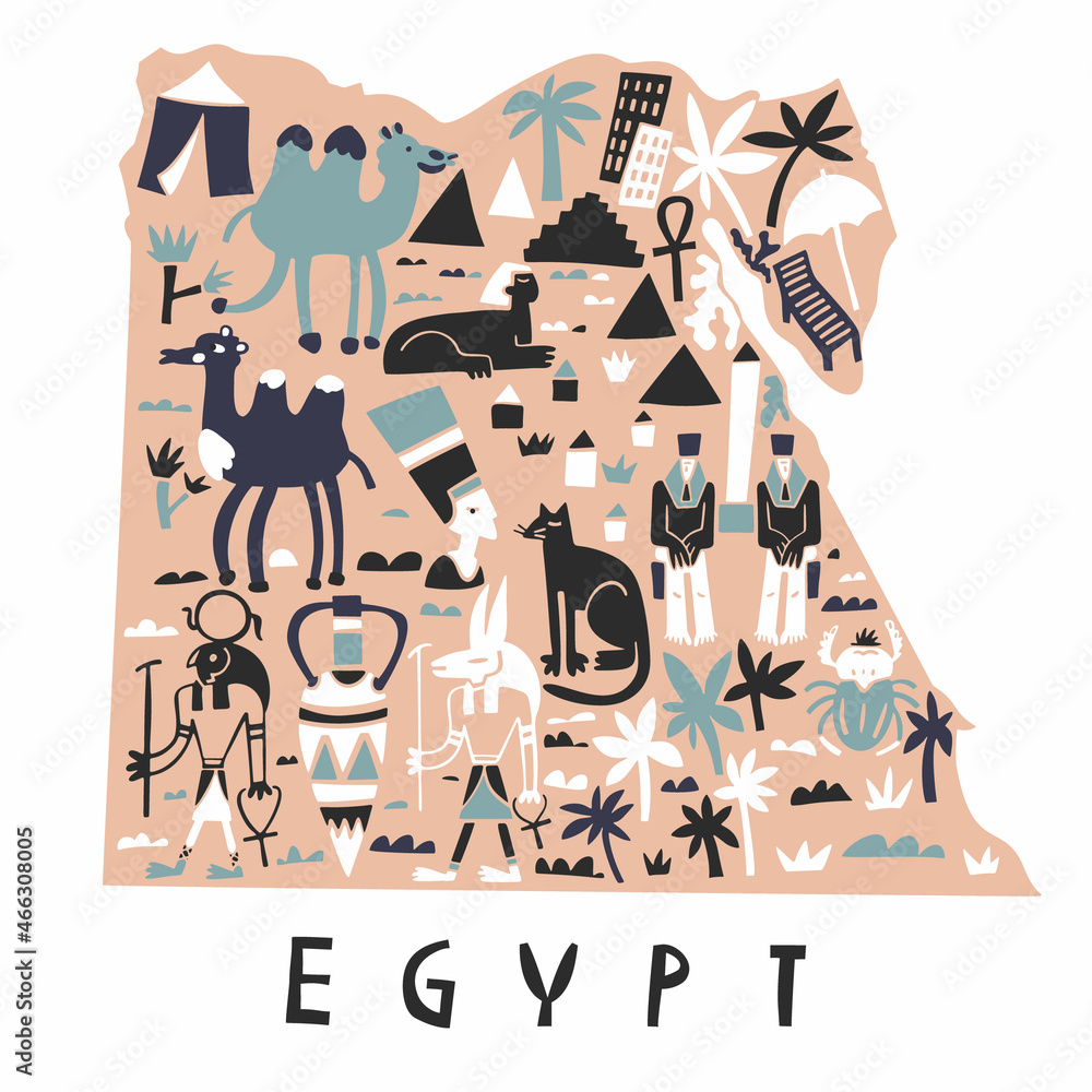 Vector hand drawn stylized map of Egypt. Travel illustration of Arab ...