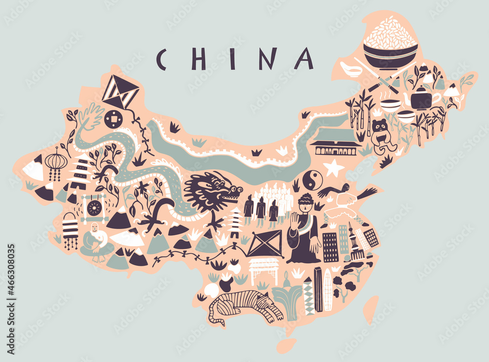 Vector hand drawn stylized map of China. Travel illustration of China ...