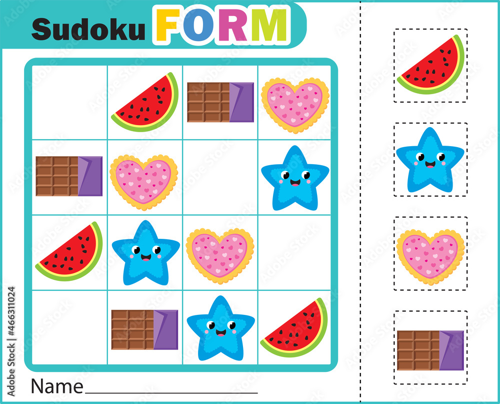 Sudoku for kids. Shapes: square, triangle, rhombus, circle, triangle ...