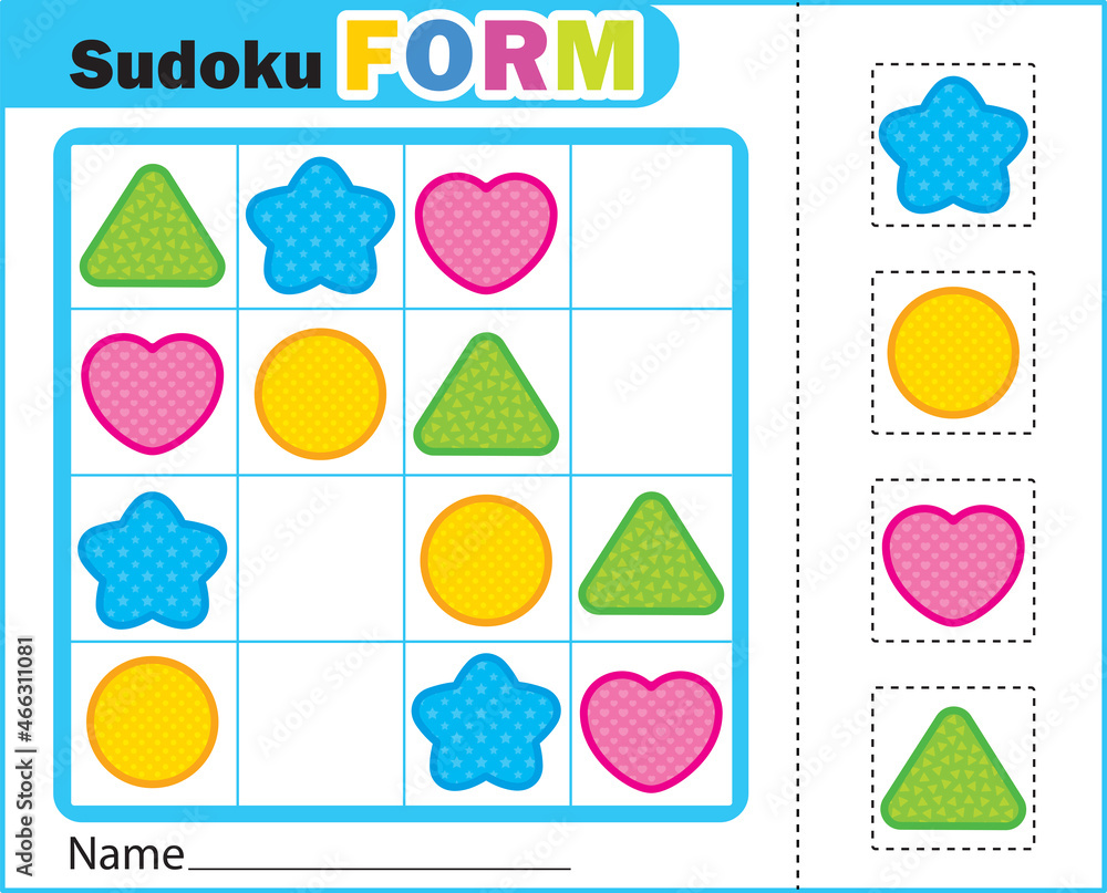 Sudoku for kids. Shapes: square, triangle, rhombus, circle, triangle ...