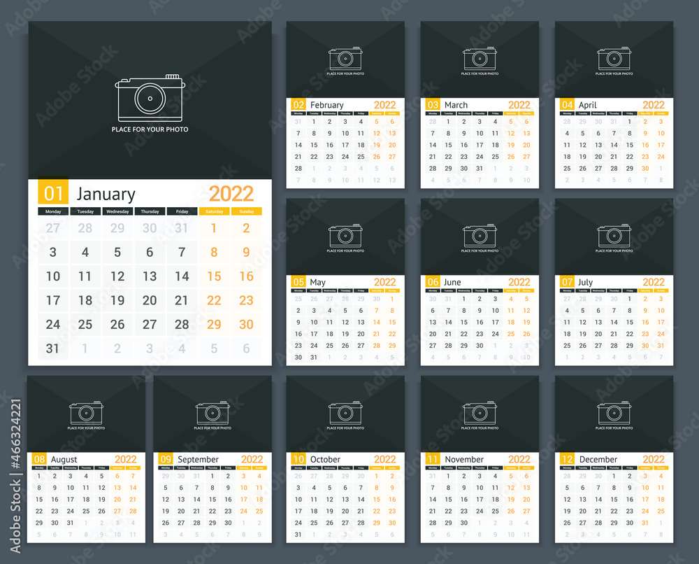 2022 Calendar template, week starts on Monday, a3 size, place for your ...