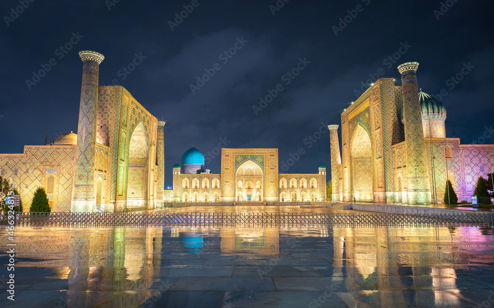 An ensemble of 3 Registan madrasahs, the symbol of the city of ...