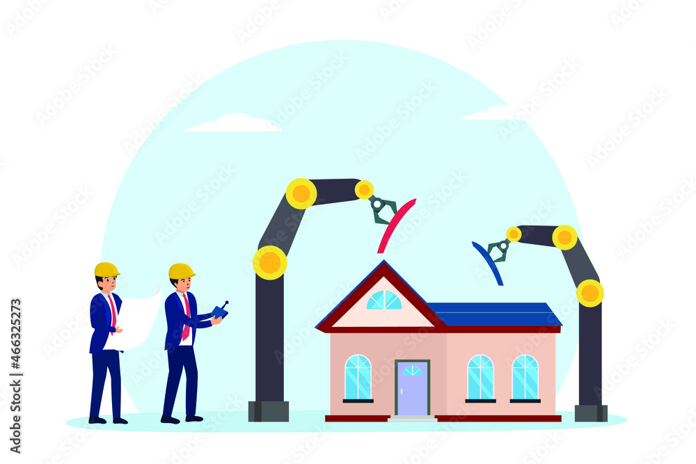 Robotics construction vector concept. Two construction workers using ...