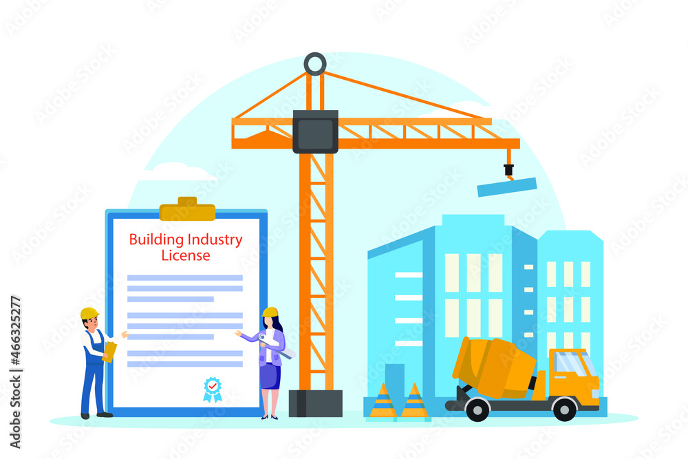 Building industry license vector concept. Two workers standing with ...