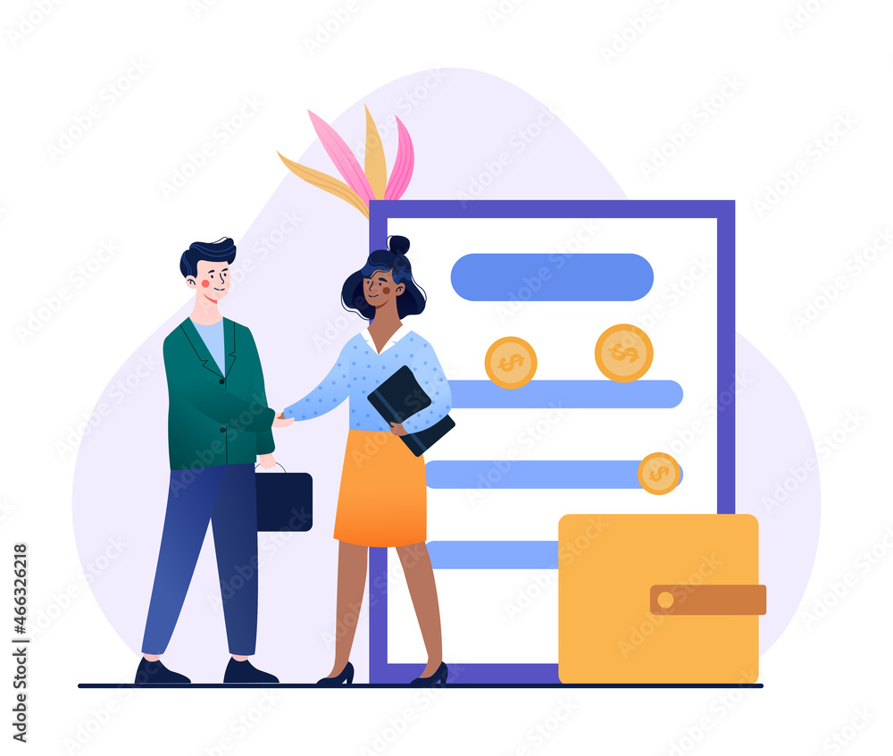 Money lending. Woman enters into contract with bank employee, receives ...