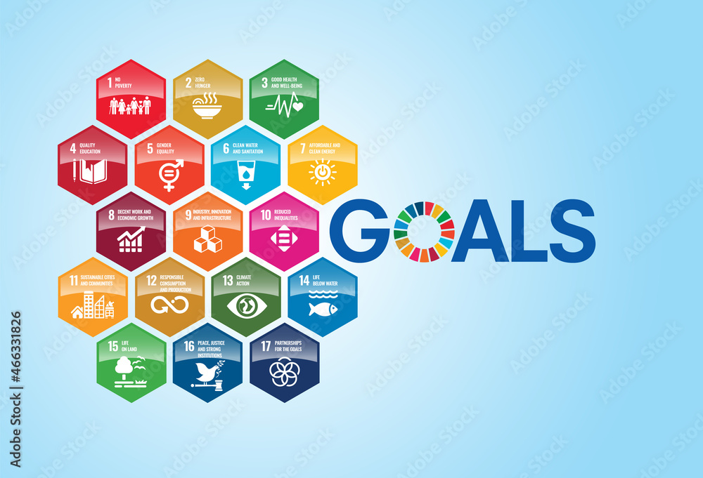 Sustainable Development Colorful hexagonal glossy blocks isolated on ...