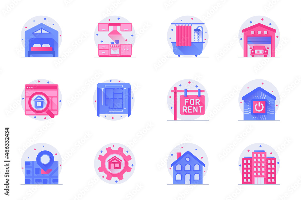 Real estate concept web flat color icons with shadow set. Pack ...