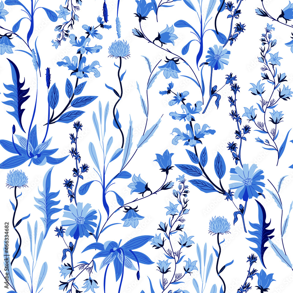 Beautiful monotone hand drawn botanical florals on blue shade seamless ...