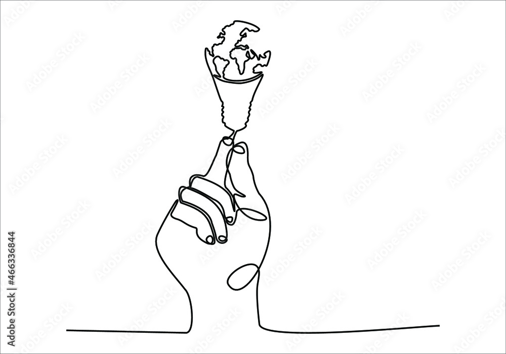 Light bulb symbol idea drawing one continuous line.hand holding globe ...