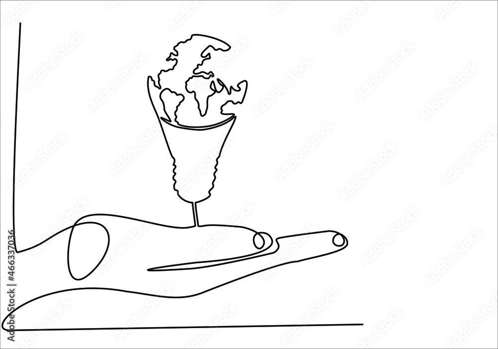 Light bulb symbol idea drawing one continuous line.hand holding globe ...
