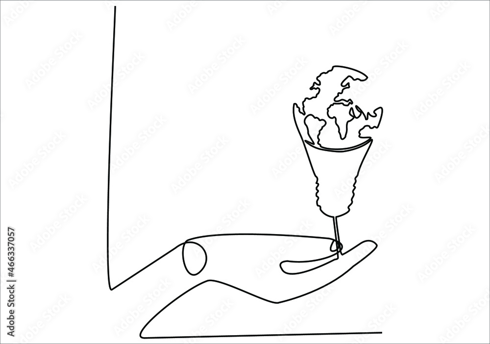 Light bulb symbol idea drawing one continuous line.hand holding globe ...