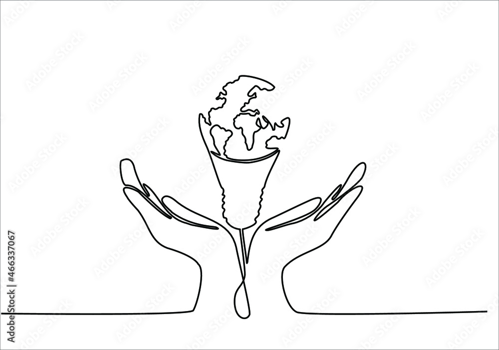 Light bulb symbol idea drawing one continuous line.hand holding globe ...