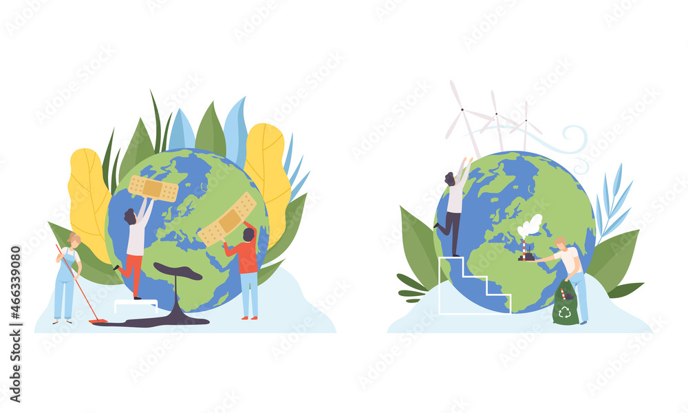 People Character Cleaning Earth Planet Taking Away Industrial Plant and ...
