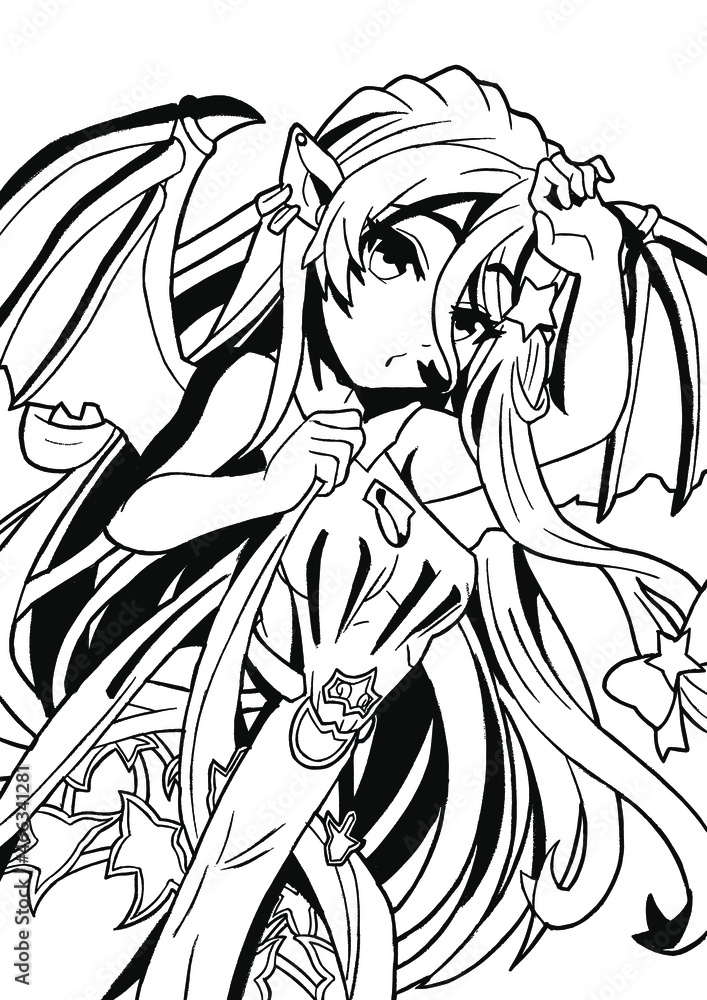 Sexy Manga Anime Girl With Big Breasts Demoness In White Dress With Bat Wings And Gold Jewelry