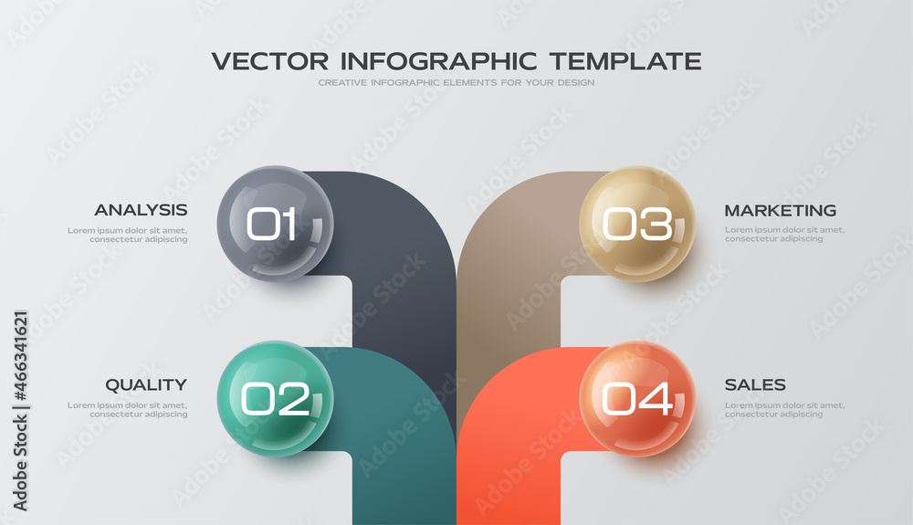 Colorful infographic presentation with 4 points. Glossy balls as points ...