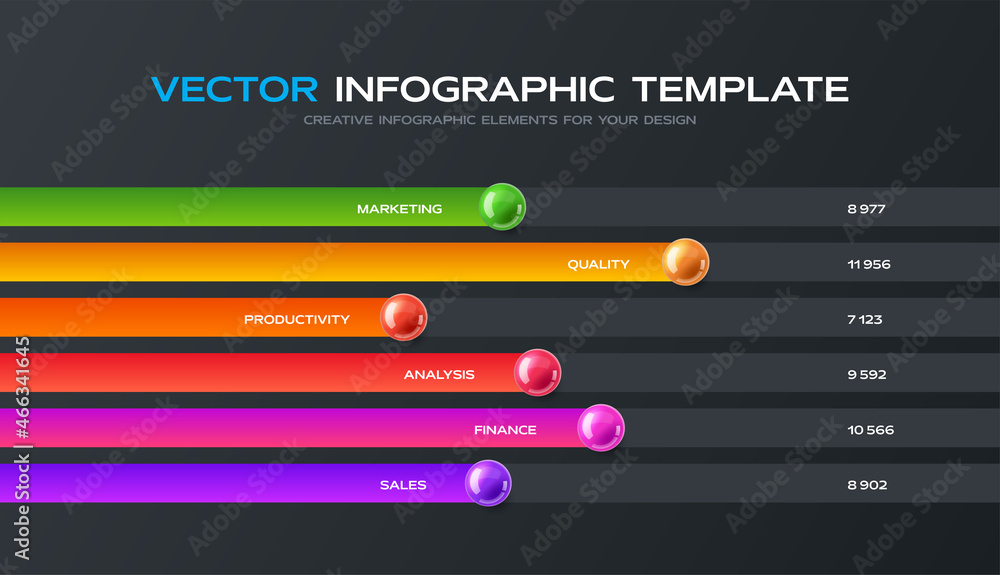Colorful infographic presentation with 6 points. Horizontal bars chart ...