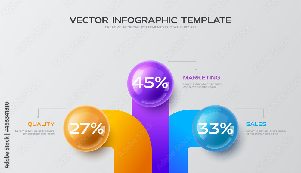 Colorful infographic presentation with 3 points. Dynamic bars chart ...