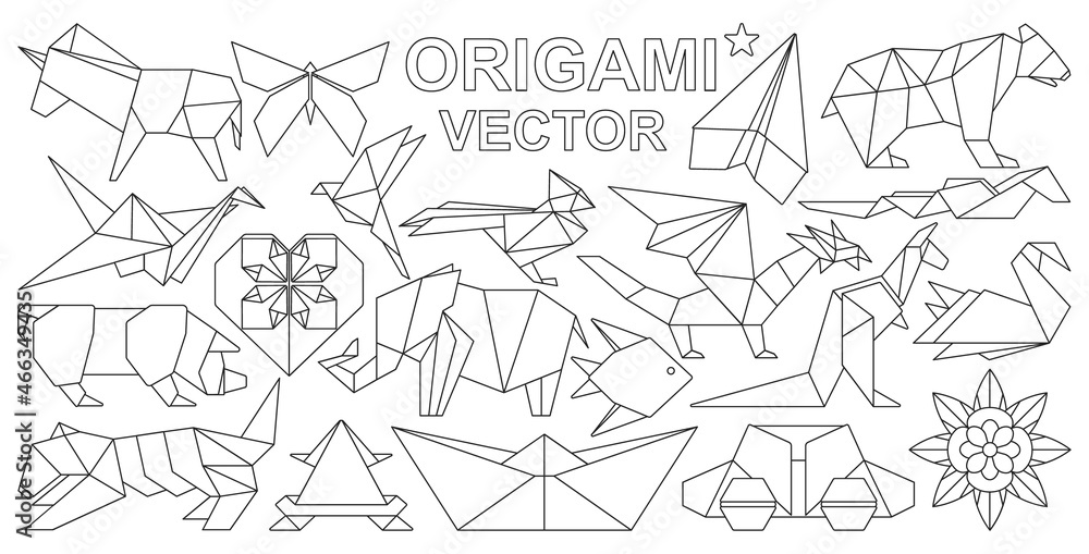 Origami vector outline set icon. Vector illustration paper animal on ...