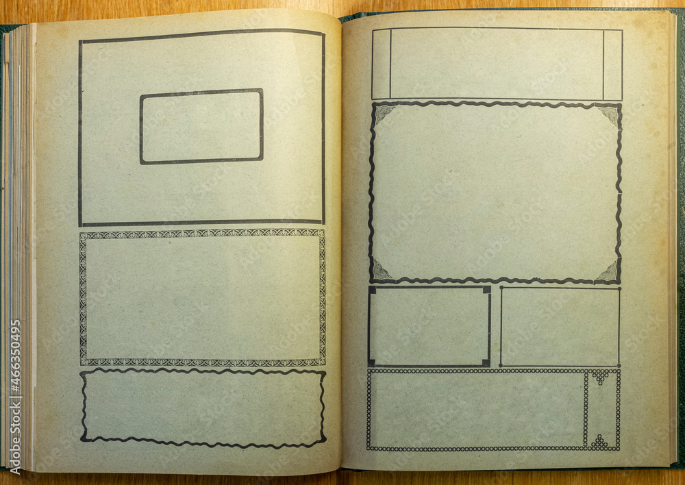 Vintage book unfolded showing blank pages with different frames. Stock ...