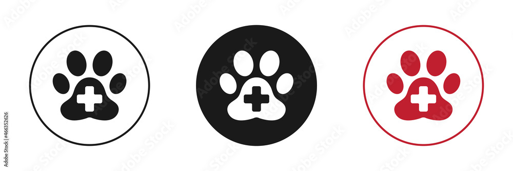 Pet first aid icons set. Dog or cat paw print. Medical cross symbol ...