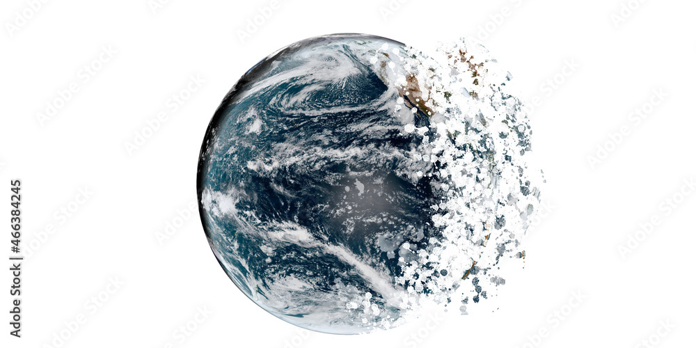 Disintegration of the world globe on white background, fragmented earth ...