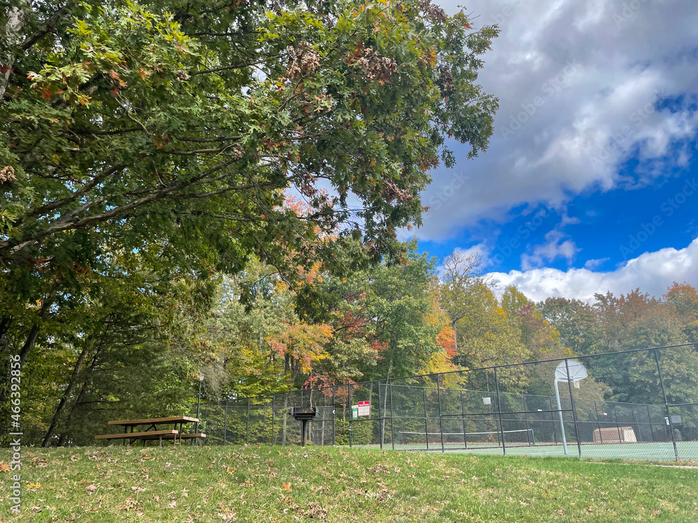 A Suburban Park with a Basketball Court, Tennis Court and Picnic Table ...