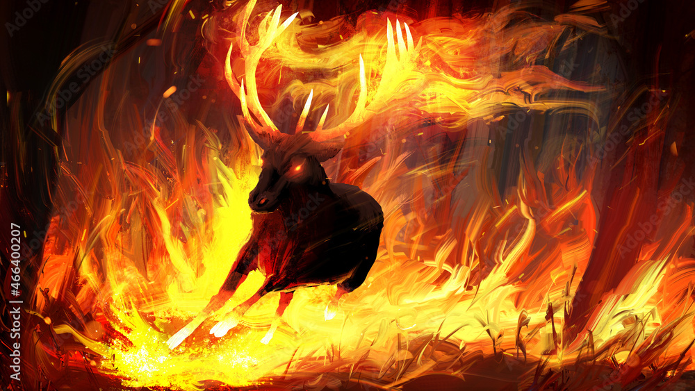 Fiery black silhouette an angry deer run through the burning forest ...