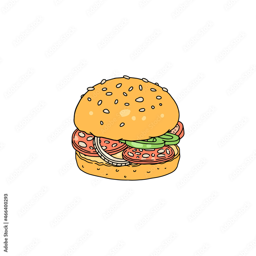 Detailed cartoon burger with sausage, jalapeno, onion and tomato ...