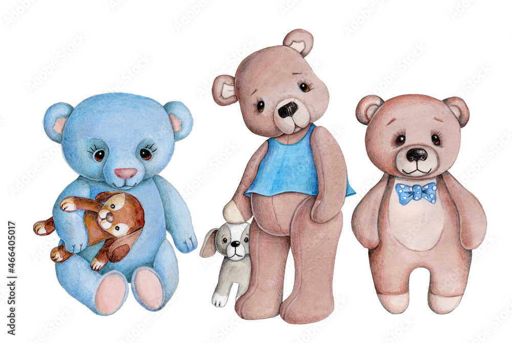 Cute cartoon little fun teddy bears standing front position. Watercolor ...