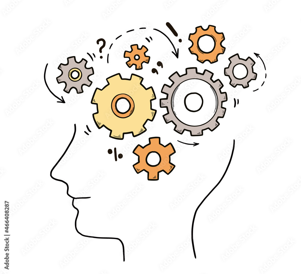 Brain think, brainstorming concept. Doodle sketch style mind gear ...