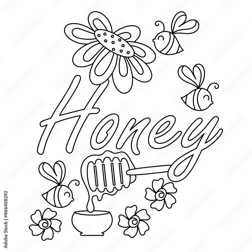 Honey coloring book page for children. Bees, flowers and dipper Stock ...