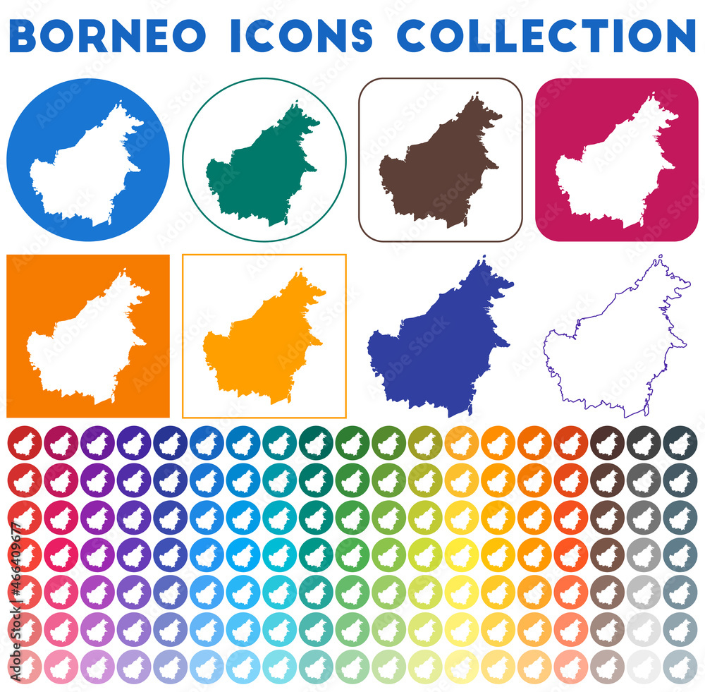 Borneo icons collection. Bright colourful trendy map icons. Modern ...