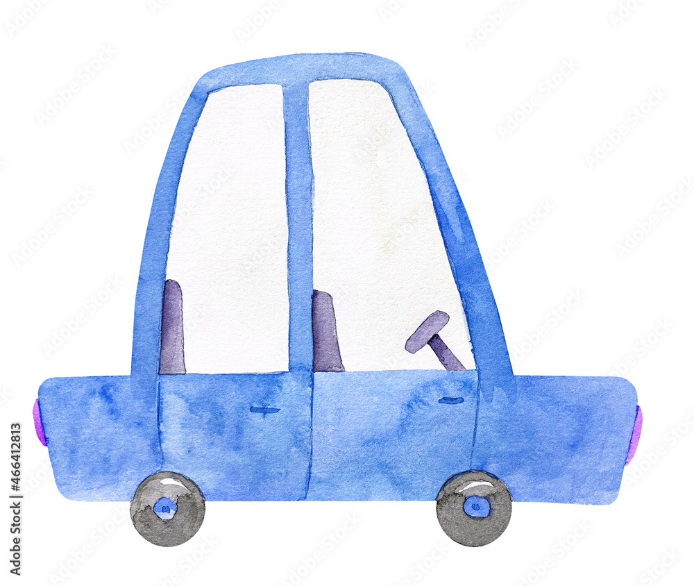 Watercolor cute blue car. Hand draw illustration of cartoon blue car ...