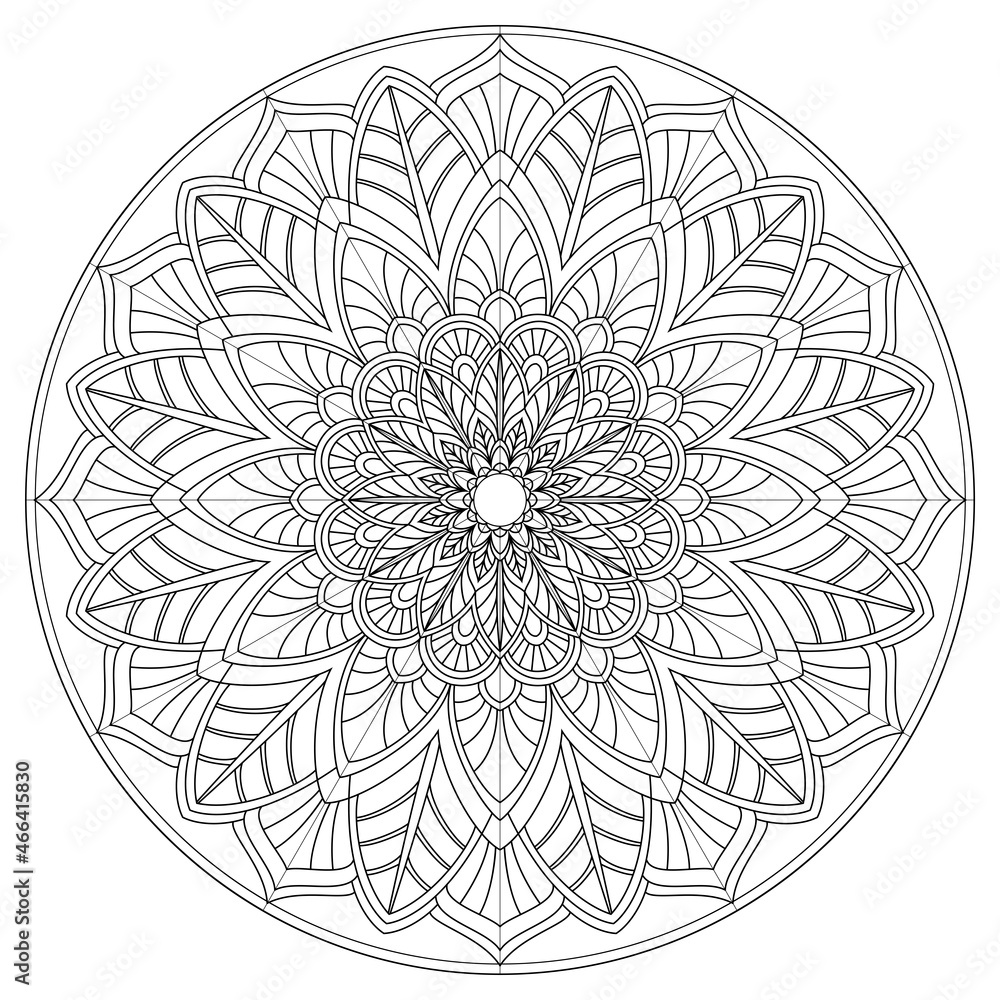 Geometric flower. Contour drawing of a mandala on a white background ...