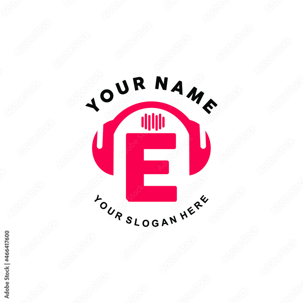 logo letter E music. vector illustration of letter E and headset icon ...