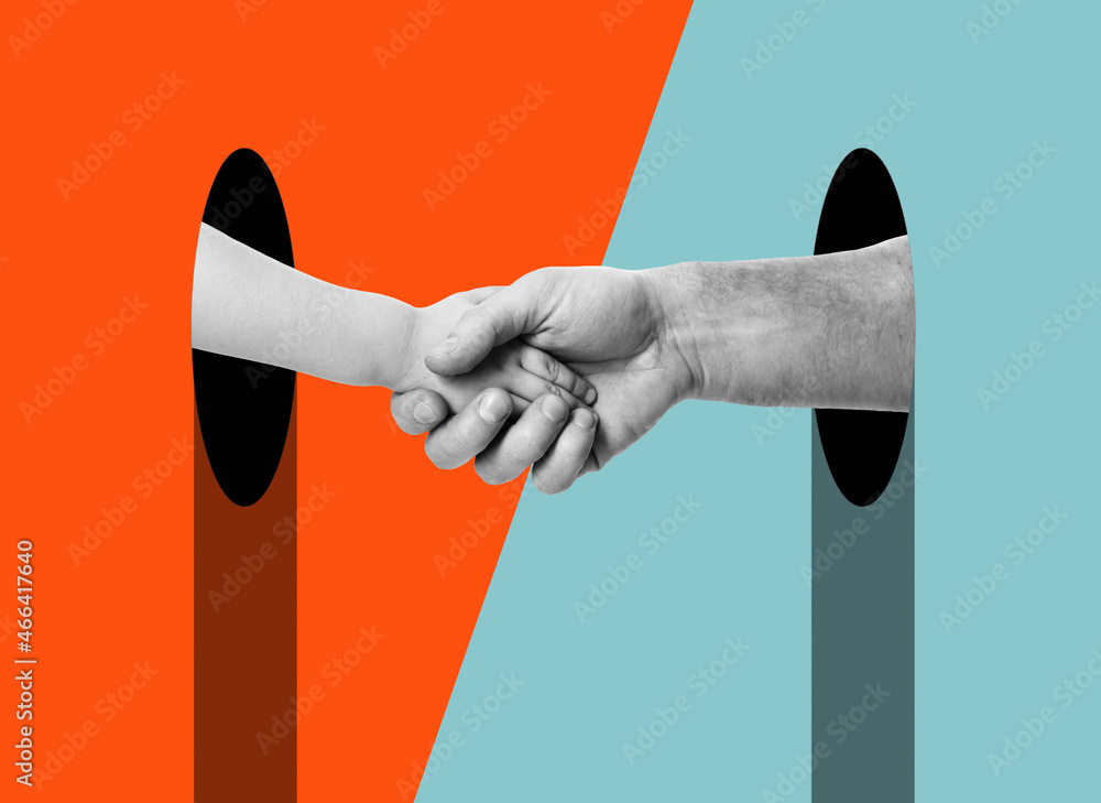 Hands. Handshake of father and kid. Generations. Help, support and ...