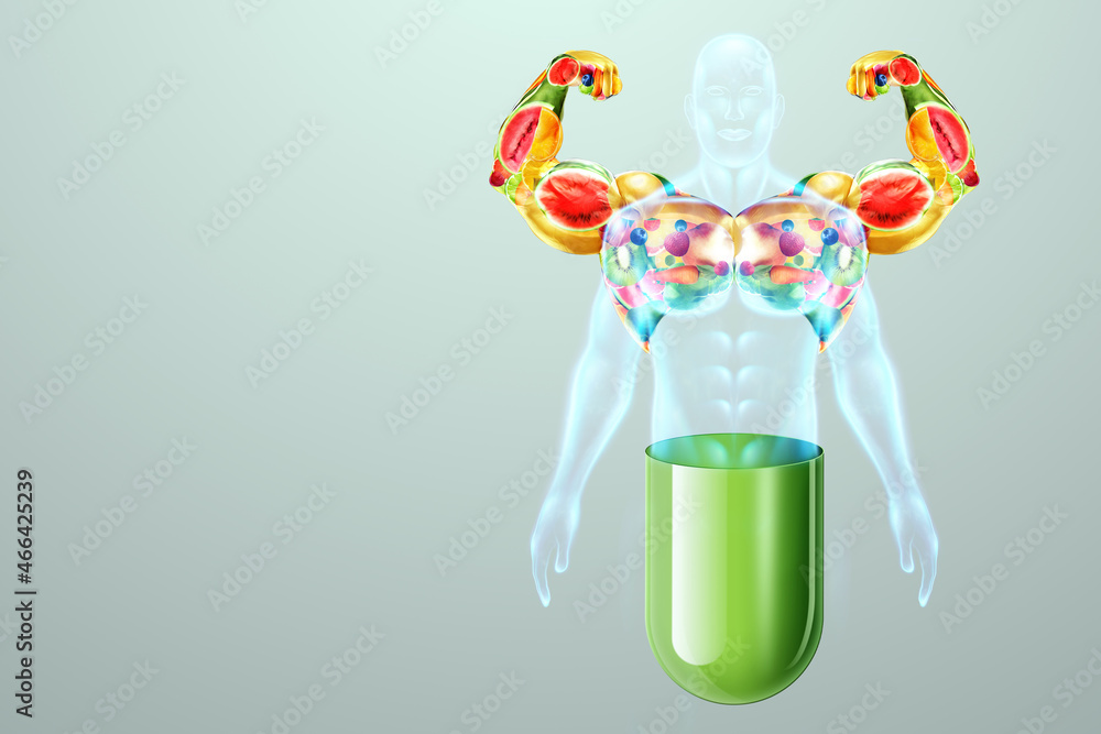 Photo & Art Print Food supplement, arms biceps, strength from fruits ...