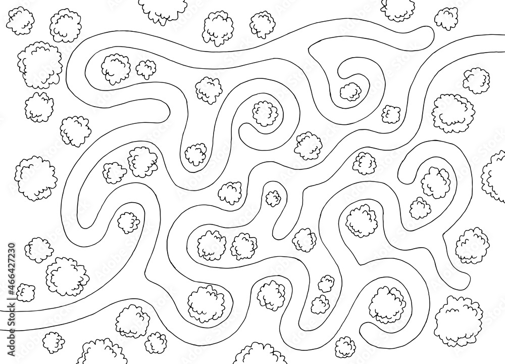 Forest maze bush graphic black white sketch top aerial view ...
