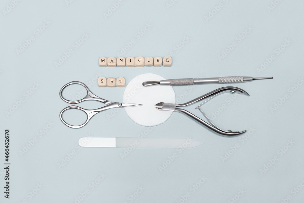 Top view on manicure equipment set. Female nails care equipment set ...