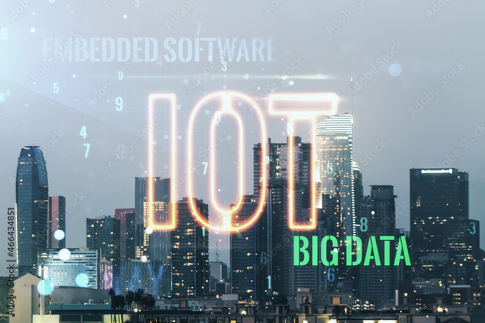 Double exposure of abstract virtual IOT hologram on Los Angeles city ...