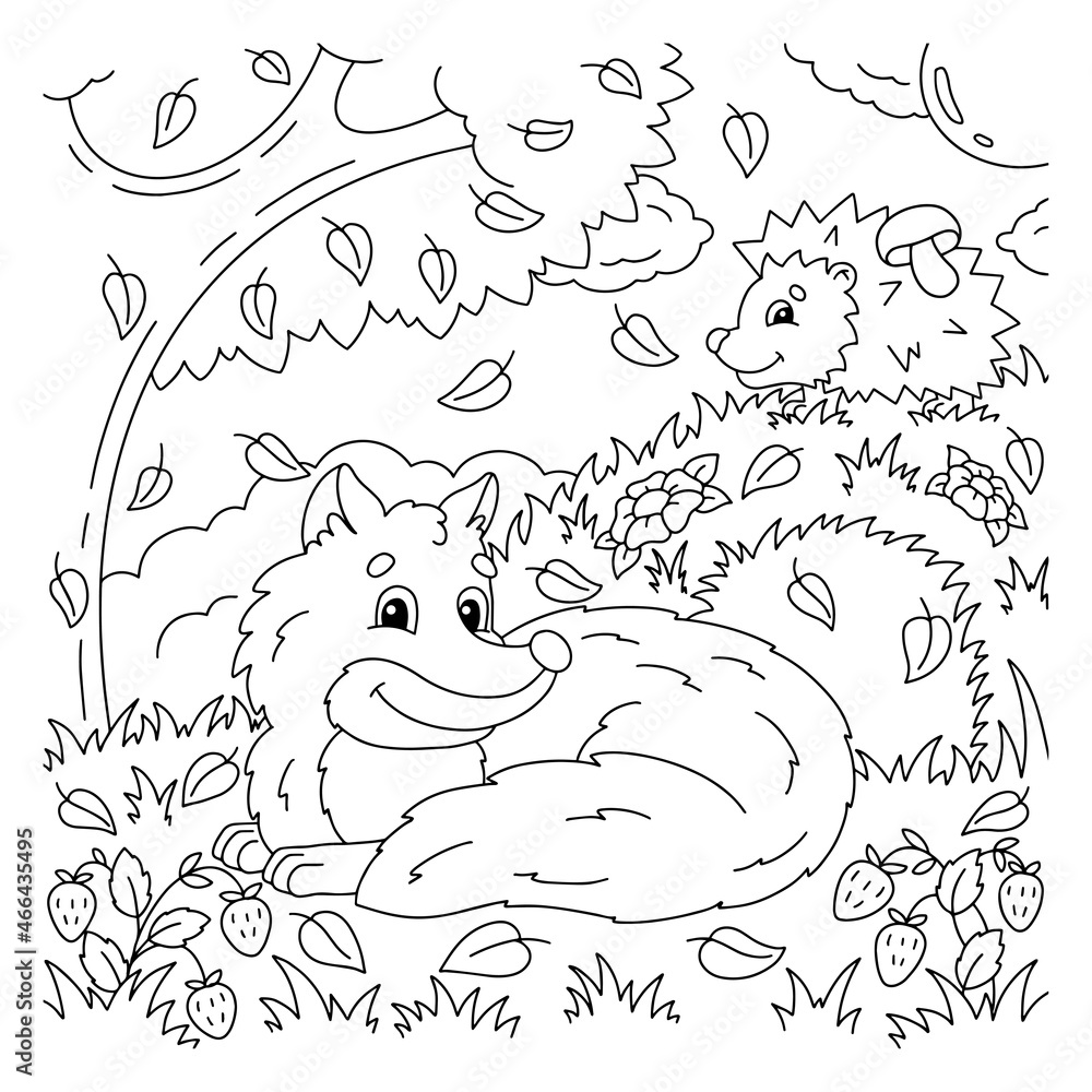 Cute fox in the autumn forest. Coloring book page for kids. Cartoon ...