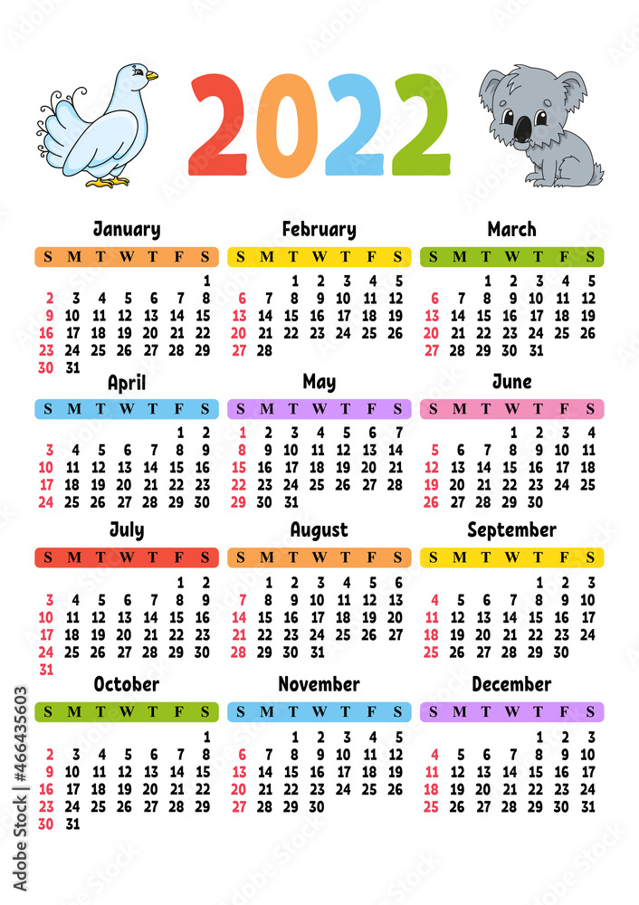 Calendar for 2022 with a cute character. Fun and bright design ...