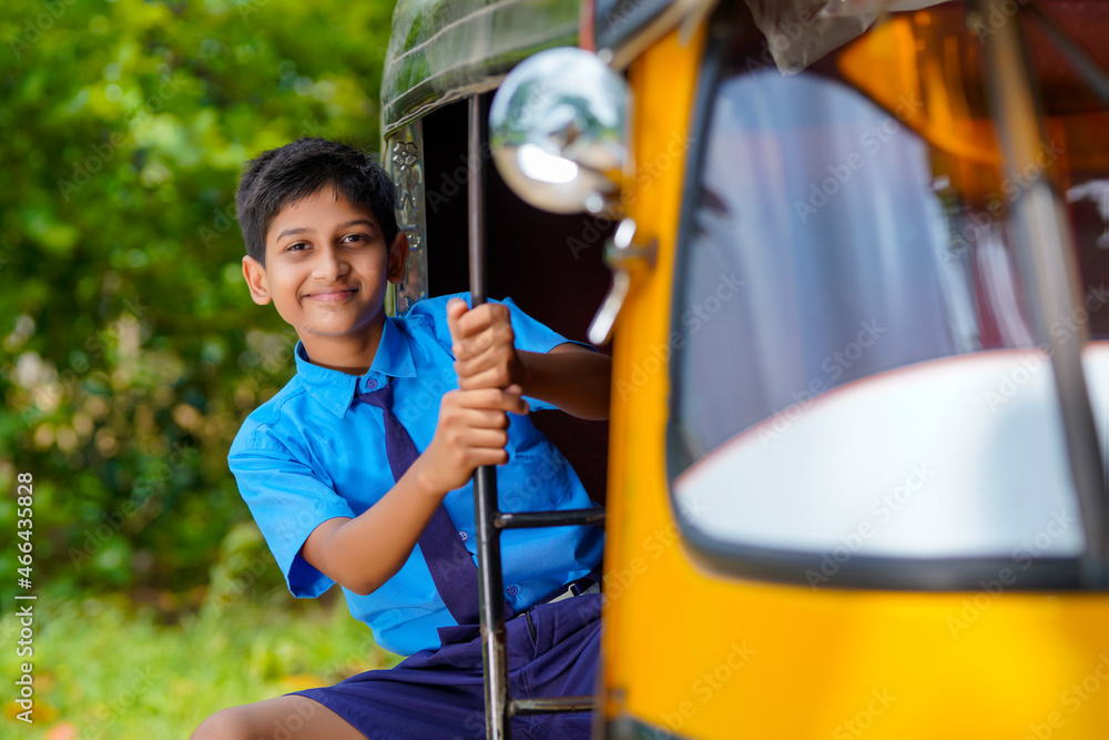 Indian school boy going to school in auto rikshaw Stock Photo | Adobe Stock