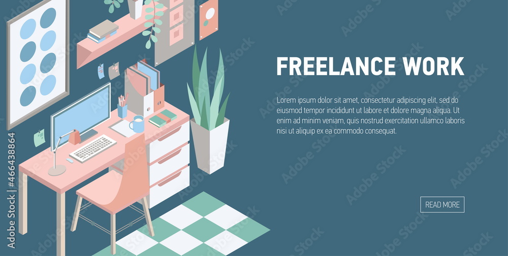 Horizontal banner with isometric desk, chair, computer, shelf, various ...