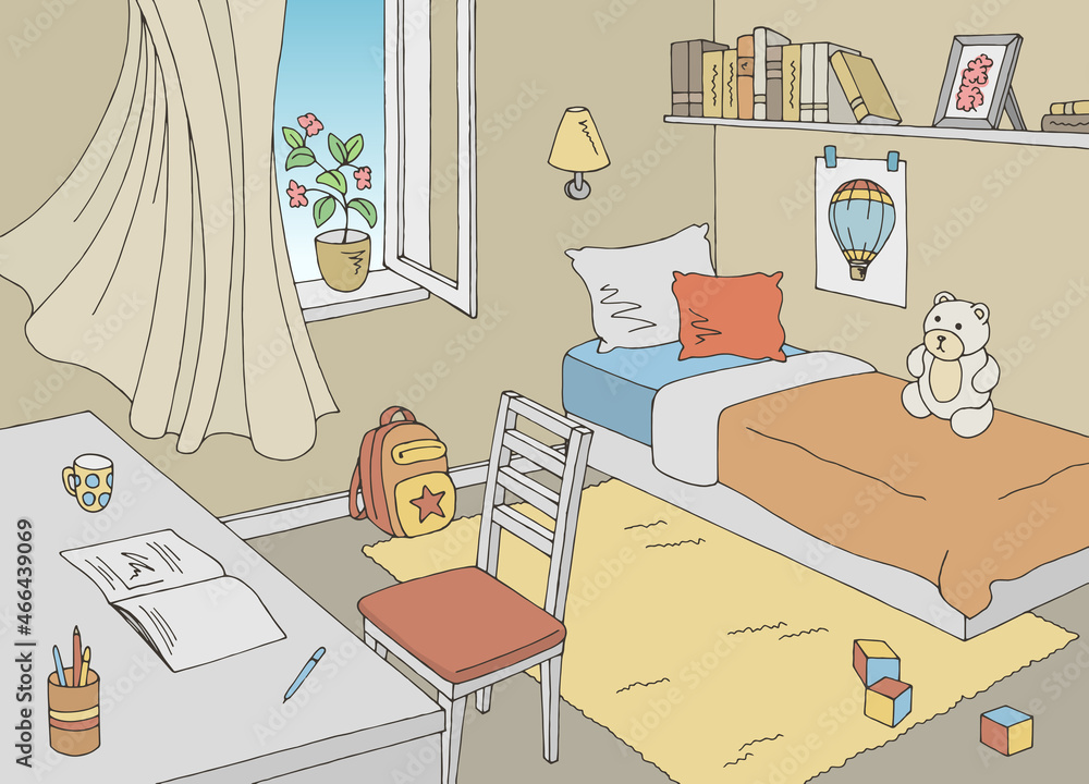 Children room graphic color home interior sketch illustration vector ...