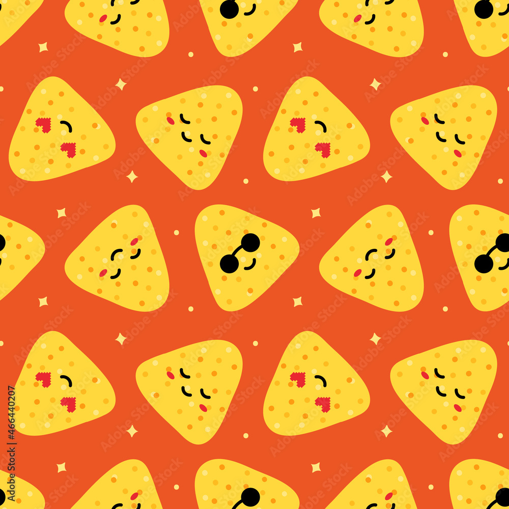Cute smiling cartoon style nacho chips, tortilla chips vector seamless ...